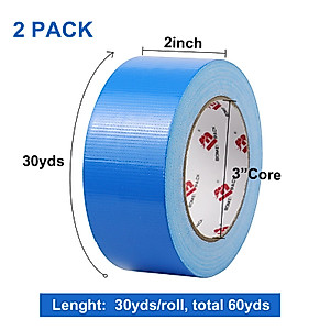 2 Pack Blue Duct Tape Heavy Duty,9 Mil Thickness,2 Inches x 30 Yards,Strong Industrial Strength,Flexible,No Residue,Waterproof and Tear by Hand,Multi-Use for Indoor & Outdoor Repairs