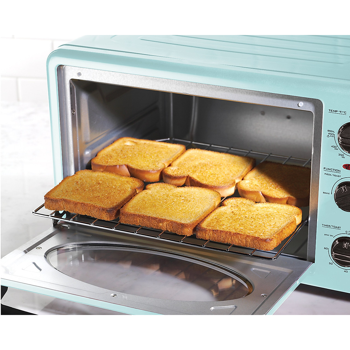 Nostalgia Oven, Toast, AirFry, Broil Functions Large Capacity Fits Slices of Bread Two 12 in. Pizzas-Includes Baking Pan and Frying Basket, 21 Qt, Aqua