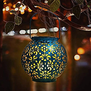 CHYSP Solar Led Iron Art Hollow Lantern Light Outdoor Decorative Lighting Handheld Hanging Lamp for Home Garden Yard Pathway