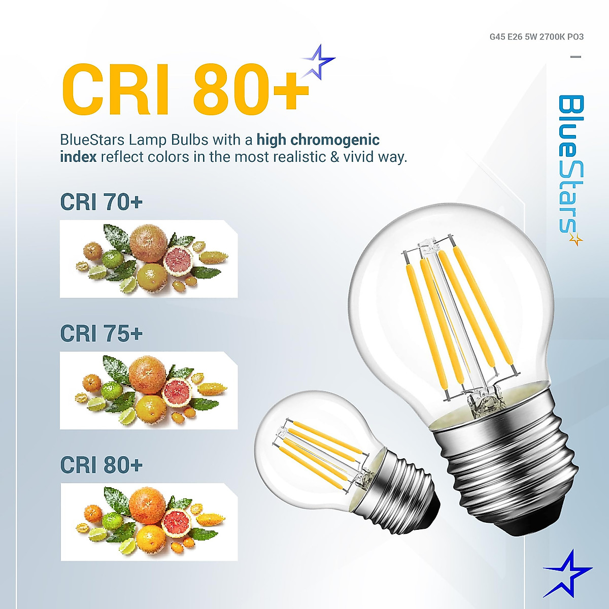 BlueStars G45 E26 Edison LED Filament Globe Bulb 120V 5W (60 Watt Equivalent), 2700K Warm White Light 550lm Non-Dimmable for Indoor Outdoor Christmas Halloween Holiday Decoration - 3 Packs
