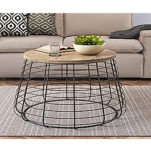 ClickDecor Lydia Matte Black Wireframe Coffee Table, Modern Farmhouse Round Living Room Accent Furniture Distressed Wood Finish Tabletop, Fully Assembled, Brown 23.6D x 23.6W x 19.7H in