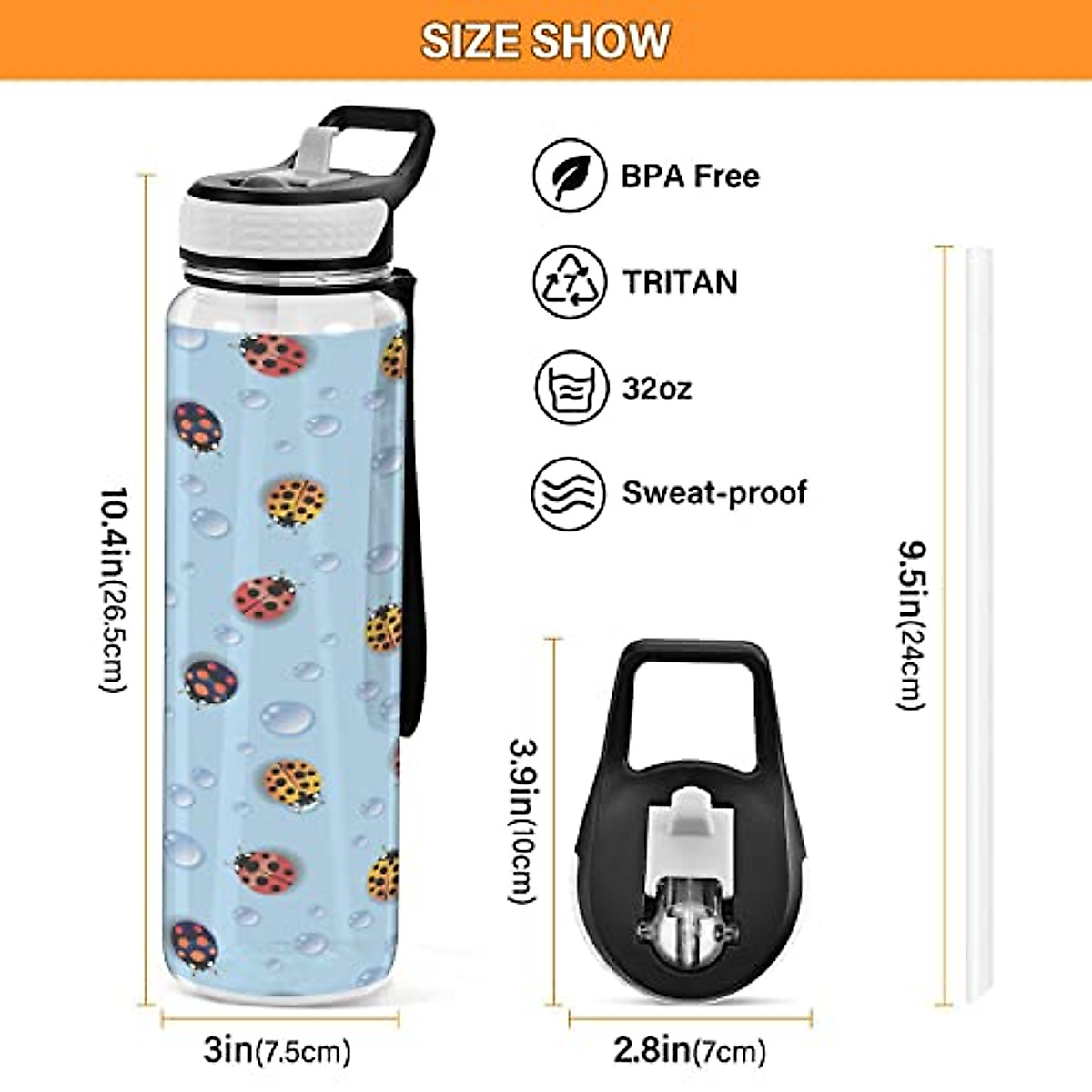 Fustylead Ladybugs 32 oz Tritan Water Bottle with Straw, Leakproof and BPA-Free Sport Water Bottle for Fitness, Gym & Outdoor