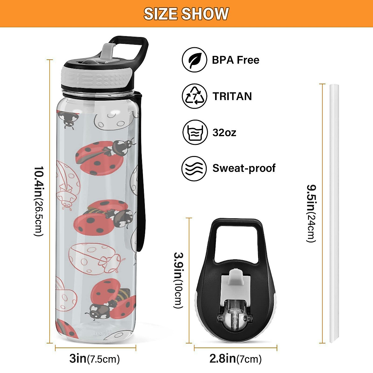 Oyihfvs Red Ladybugs Ladybug with Wings Open Hand Drawn Ladybugs Transparent Sports Water Bottle 32 Oz, with Straw Lid Leakproof Reusable Water Bottle, Water Bottle for Fitness Gym Outdoor