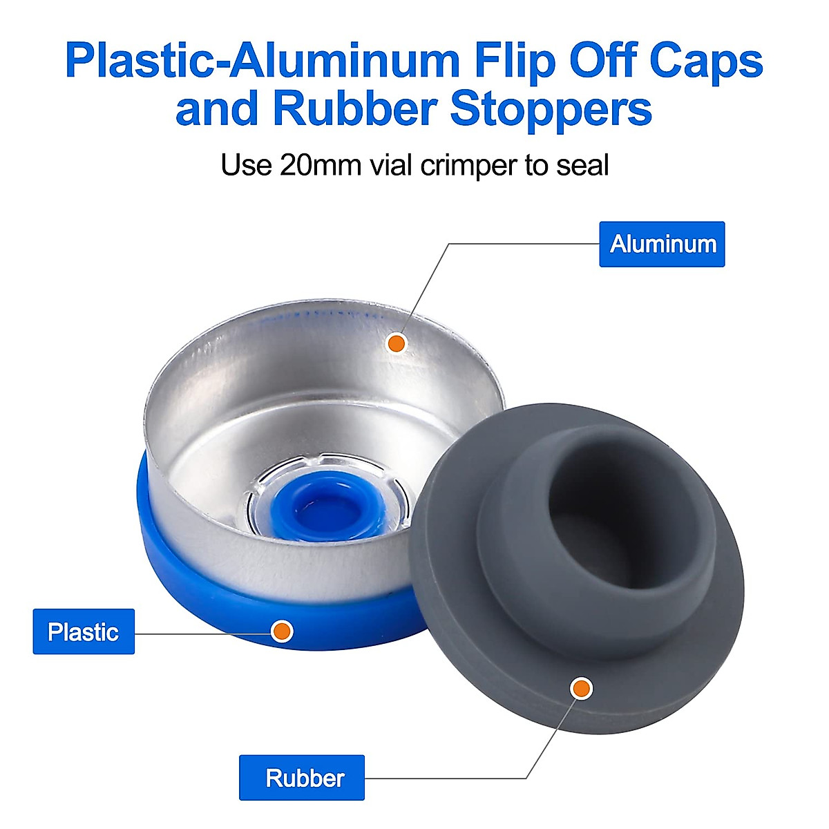 100 Pack 10ml Glass Vials, Clear Glass Headspace Vials with Plastic-Aluminum Flip Off Caps and Rubber Stoppers, 20mm Transparent Flat Bottom Lab Vial