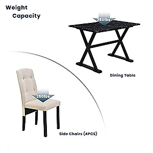 EMKK 5-Piece Dining Table Set with Faux Marble Tabletop and Upholstered Chairs for 4, Solid Wood Kitchen TableSet,Home,Hotel or Bar, Black+Beige