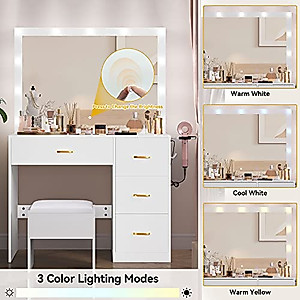 DWVO Makeup Vanity with Large Lighted Mirror, Vanity with Power Outlet, 3 Color Lighting Modes, Adjustable Brightness, 4 Drawers Vanity with Cushioned Stool for Women Girls, Pearl-White