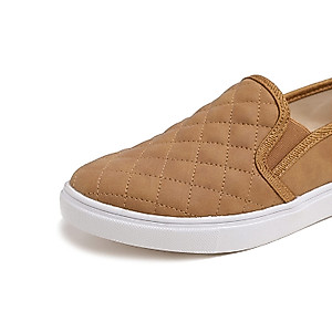 FEVERSOLE Women's Casual Slip On Sneaker Comfort Quilted Loafer Flats Camel Vegan Leather Quilted Size 8.5 M US