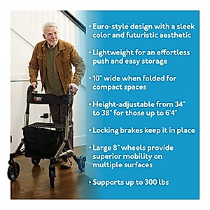 Carex Crosstour Rolling Walker Rollator - Rolling Walker with Seat - Folding, Euro Style Rollator, 4 Wheel Walker for Seniors- 300lb Capacity, Walker with Seat for Seniors