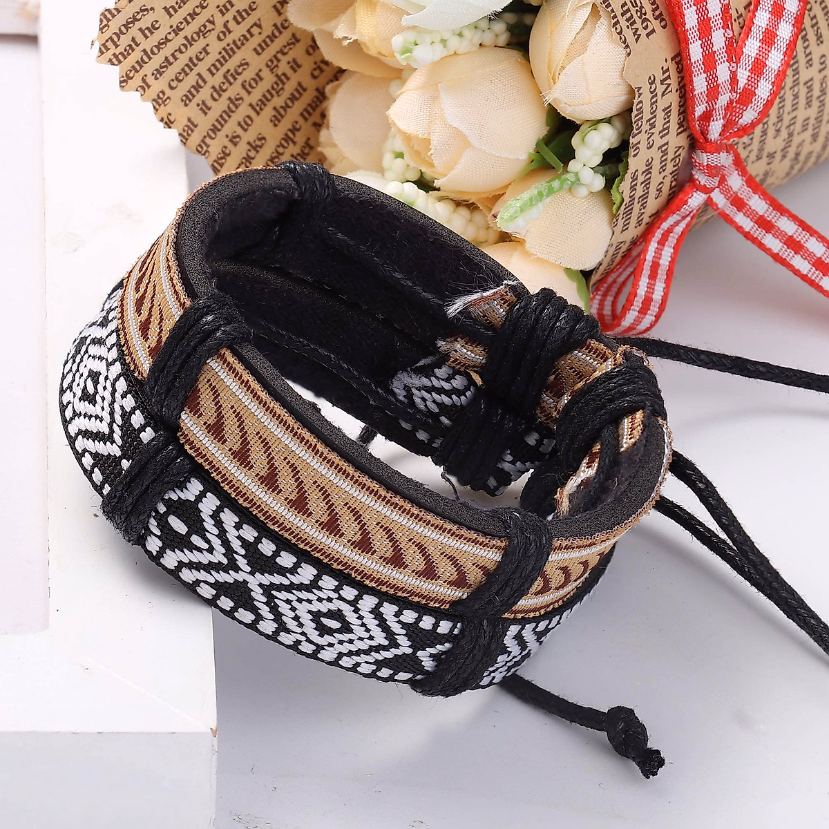 JOERICA 32-35 Pcs Braided Bracelet for Women Men Woven Leather Wristbands Boho Ethnic Style Tribal Linen Hemp Cords Wrap Bracelets Set Handmade String Jewelry