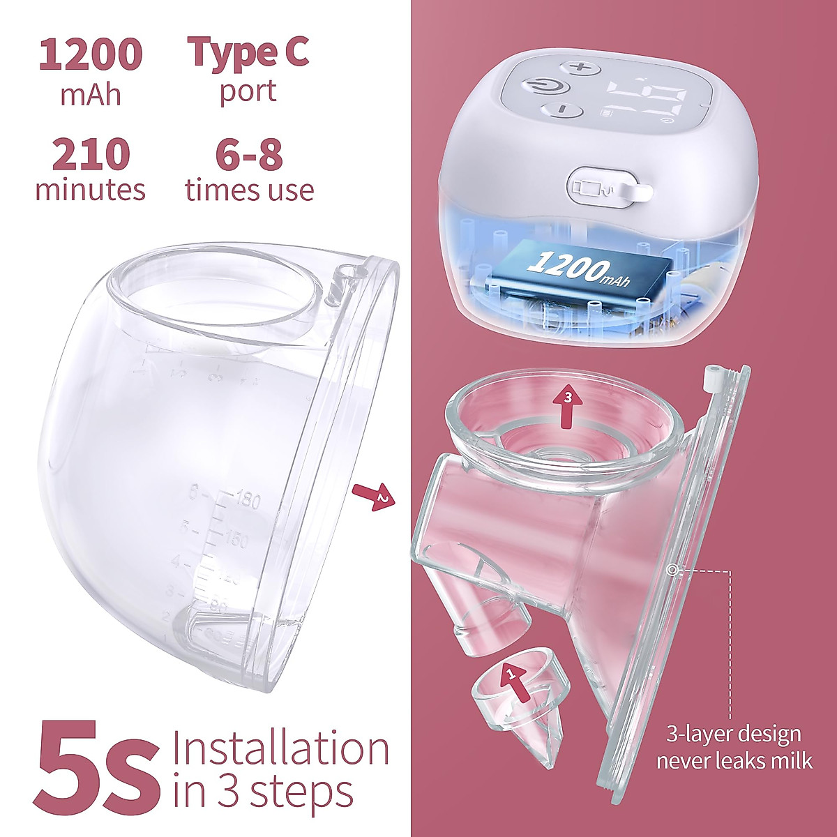 Wearable Breast Pump Hands Free Breast Pump 12 Levels 3 Modes Electric Breast Pump with 1200mAh Battery,Leak-Proof Design,Low Noise,21/24/27mm Flange Inserts,All-in-One Painless Breastfeeding,2 Pack