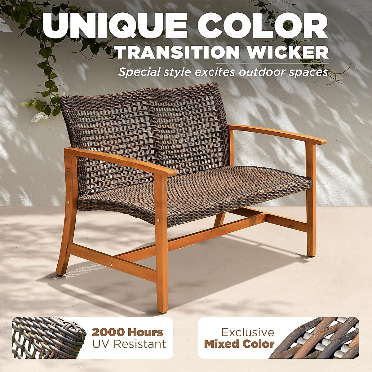 IDZO Harmonie 800lbs Capacity Outdoor Loveseat Furniture, FSC Certified Acacia Patio Sofa with Upgraded 2000 Hours UV Resistant Wicker, Teak Finish Porch Couch