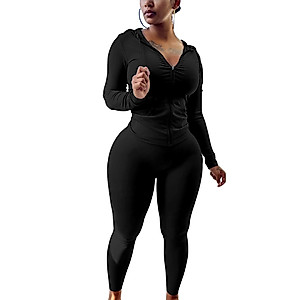 PINSV Women Two Piece Outfits Workout Sets Bodycon Tracksuit Long Sleeve Zip Up Hoodie Jacket Jogger Matching Sweat Pants Set Black XL