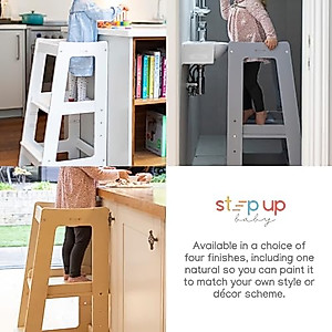 Stepup Baby Toddler Tower Step High Chair | Montessori Inspired | Kitchen Wooden Step Stool for Preschool Kids | Adjustable for 18 Month - 5 Years | Includes Safety Rail (White)