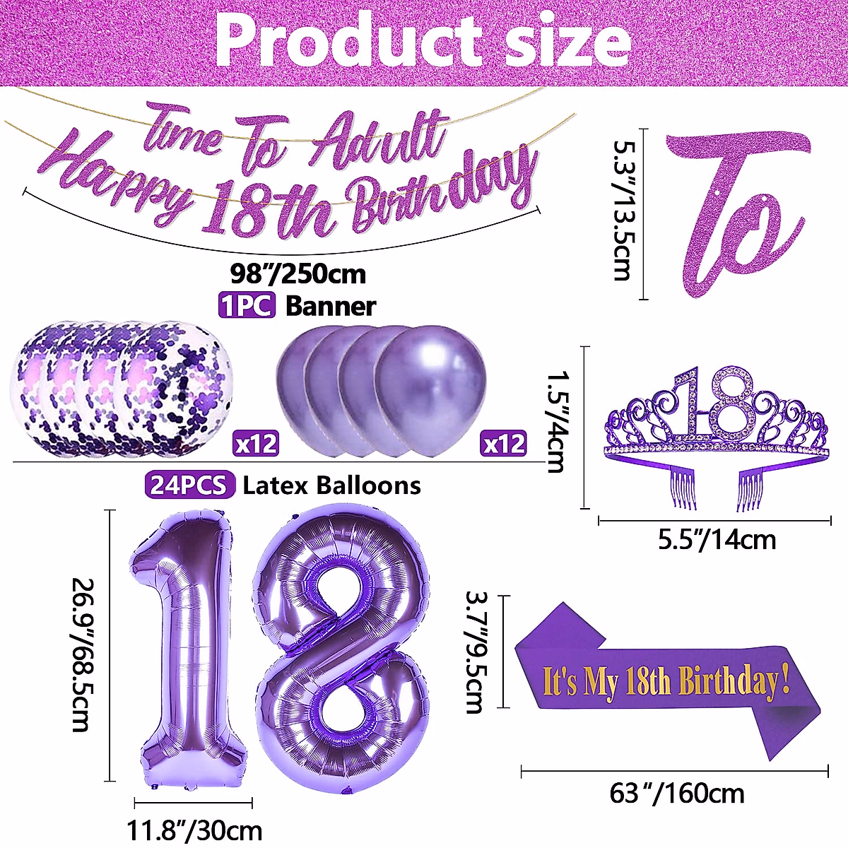 Purple18th Birthday Decorations for Girls Purple 18th Birthday Banner 40 Inch NO. 18 Purple Foil Balloons Purple Confetti Balloons 18th Purple Party Set (Purple-18)