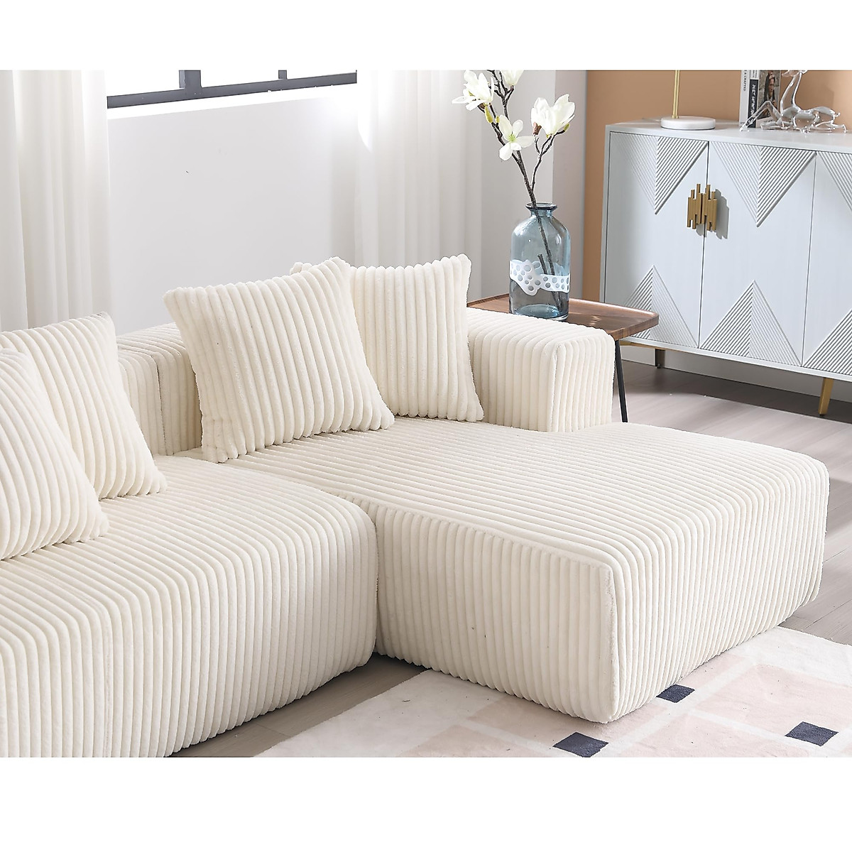 Plococo 131'' Modular Sectional Couch, U-Shaped Sofa, Chaise Lounge, Striped Corduroy Fabric,Upholstered 4 Seater Couch for Living Room, Bedroom, Free Combination Sofa (White)
