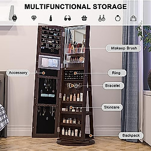 HNEBC LED Light Jewelry Organizer - 360° Rotating Armoire with Mirror, Full Length Cabinet for Jewelry Storage - Large Dark Brown Box Compatible with Alexa/Google Assistant