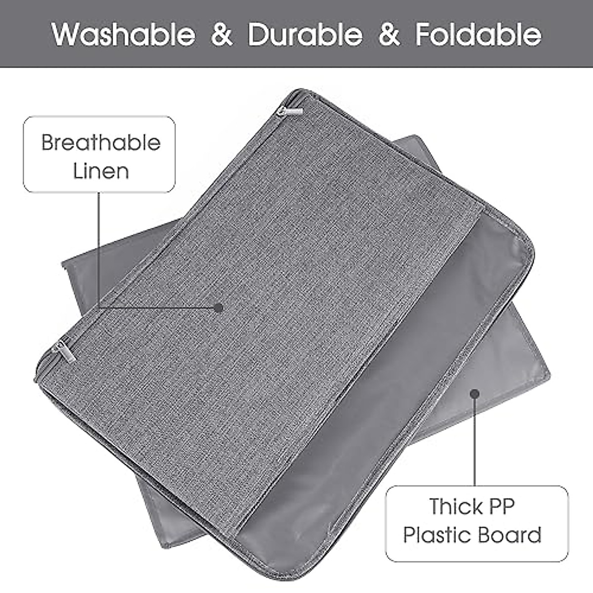 ANMINY 2PCS Storage Bins with Zipper Lid Handles Storage Boxes PP Plastic Board Foldable Lidded Cotton Linen Fabric Home Cubes Baskets Closet Clothes Organizer Containers - Gray, Large Size