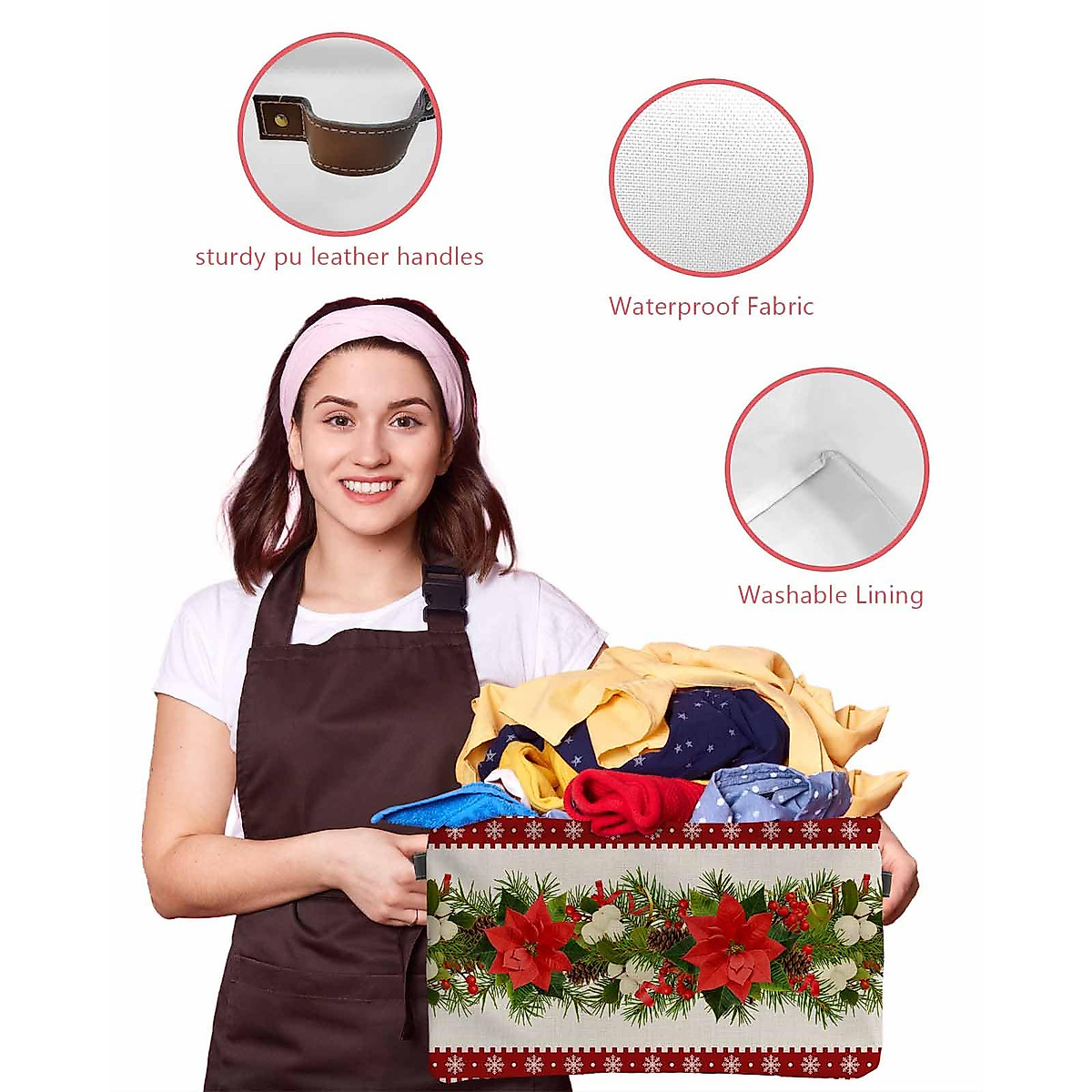 Anzona Christmas Poinsettia Storage Basket for Shelves, Xmas Floral Pine Needles Burlap Storage Cube Fabric Storage Bins, Closet Organizers with Handles for Book, Toys, Cloth, 15"x11"x9.5", 1 Pack