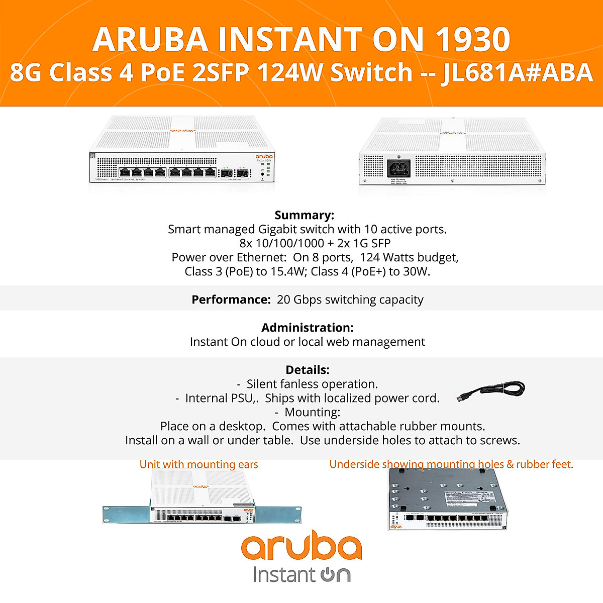 Aruba Instant On 1930 10-Port PoE Gb Ethernet 8xGE PoE (124W), 2X 1G SFP, L2+ Smart Switch UK Cord (JL681A#Acc)