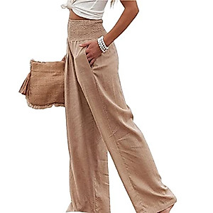 LIORAITIIN Women Cotton Linen Pants Elastic High Waist Loose Wide Leg Palazzo Lounge Sport Yoga Trousers with Pockets (Khaki, Large)