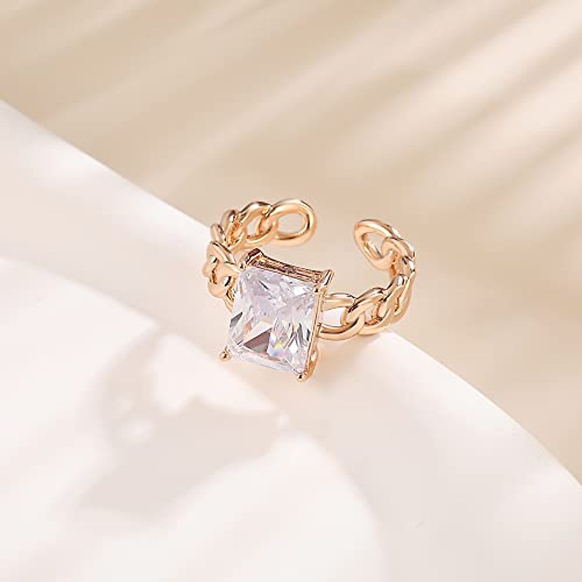 papasgix 14k Gold Plated Rings for Women, Clear Zircon Stackable Adjustable Aesthetic Handmade Statement Gold Band Rings, Cubic Zirconia Band Rings Open Rings （Clear）