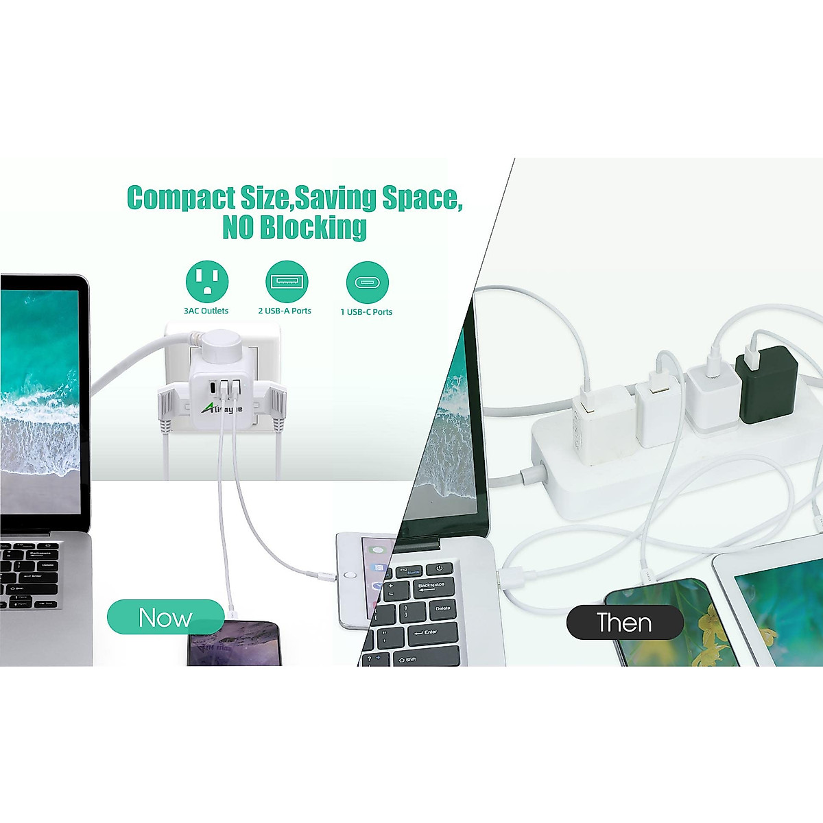 Alitayee USB C Multi Plug Outlet Extender,USB Outlet Splitter, Cube Multi Plug Adapter with 3 Outlets and 3 USB 15.5W Fast Charging, No Surge Protector for Cruise Travel Home Office ETL Listed White