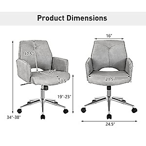 COSTWAY Ergonomic Home Office Chair, Height-Adjustable Faux Leather Computer Desk Chair w/Rolling Casters & Armrests, Upholstered Mid-Back Swivel Accent Chair for Home, Office, Study, Grey