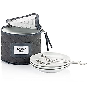 China Storage Case - Saucer or Small Plate Quilted Case - 7 inches diameter x 6 inches height - Gray - Includes 12 Felt Separators