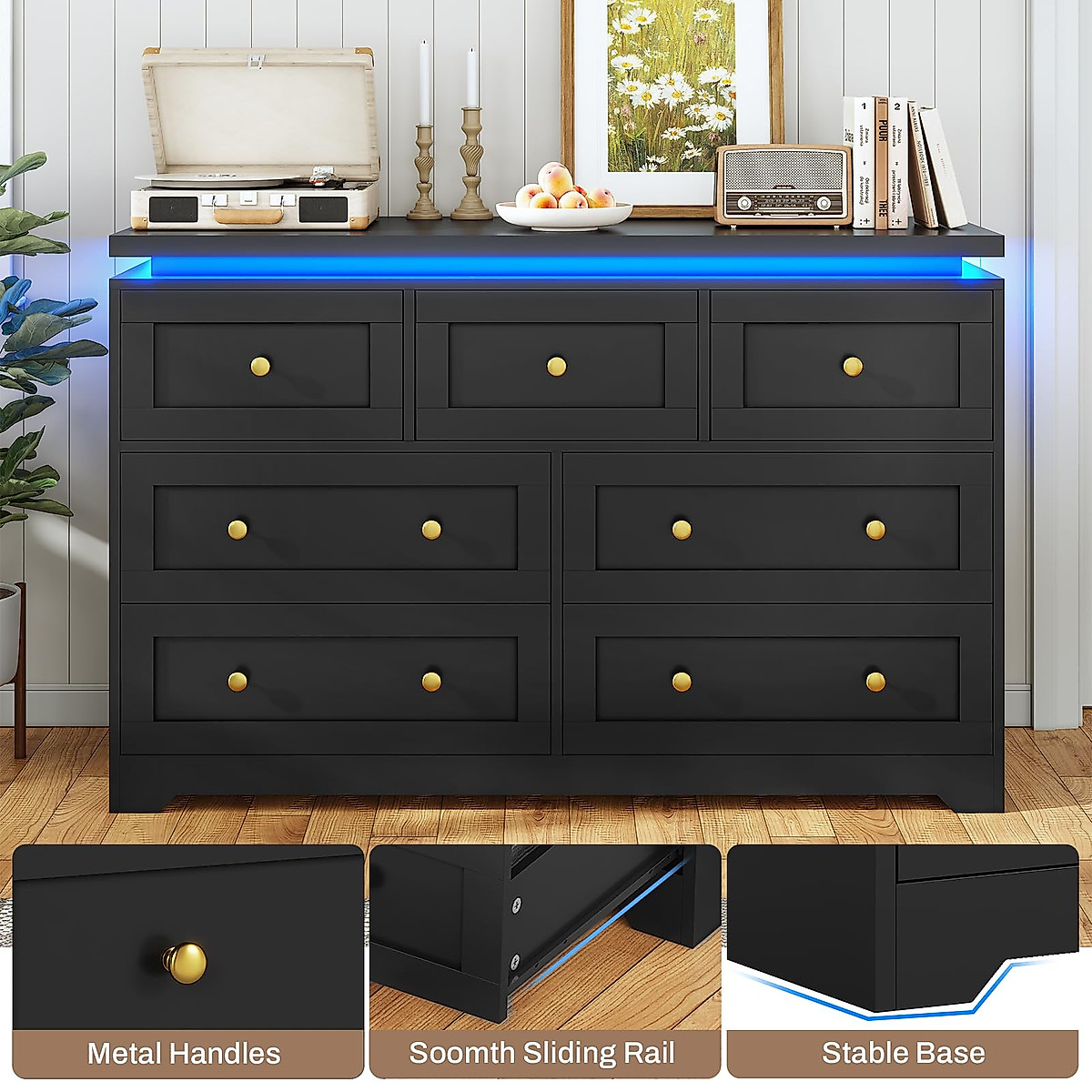AOGLLATI Dresser for Bedroom, Black Dresser with 7 Drawers, Dressers & Chest of Drawers, Modern Led Wide Long Bedroom Dresser with Top Floating Design for Bedroom Hallway,Black