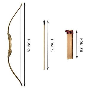 Wooden Bow and Arrow Set for Kids, 1 Bows 1 Quivers and 10 Wood Arrows, 32 Inch Handmade Archery Set Outdoor and Indoor Games Toys, Gifts for Kids Youth Boys and Girls