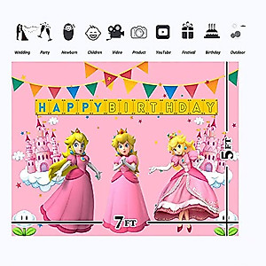 Princess Peach Birthday Party Banner 7x5 Vinyl Princess Peach Birthday Decorations Supplies Photography Backdrop Cake Table Decor Poster Photo Stuido Background Mario Princess Decor
