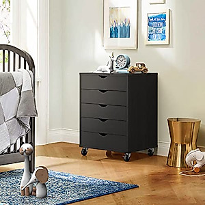 YITAHOME 5 Drawer for Bedroom, Dressers & Chests of Drawers with Wheels Under Desk, Home Office Closet Dresser Wood Nightstand Storage Cabinet, Black