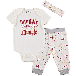 Harry Potter Newborn Baby Girls Short Sleeve Bodysuit Pants and Headband 3 Piece Outfit Set White 0-3 Months