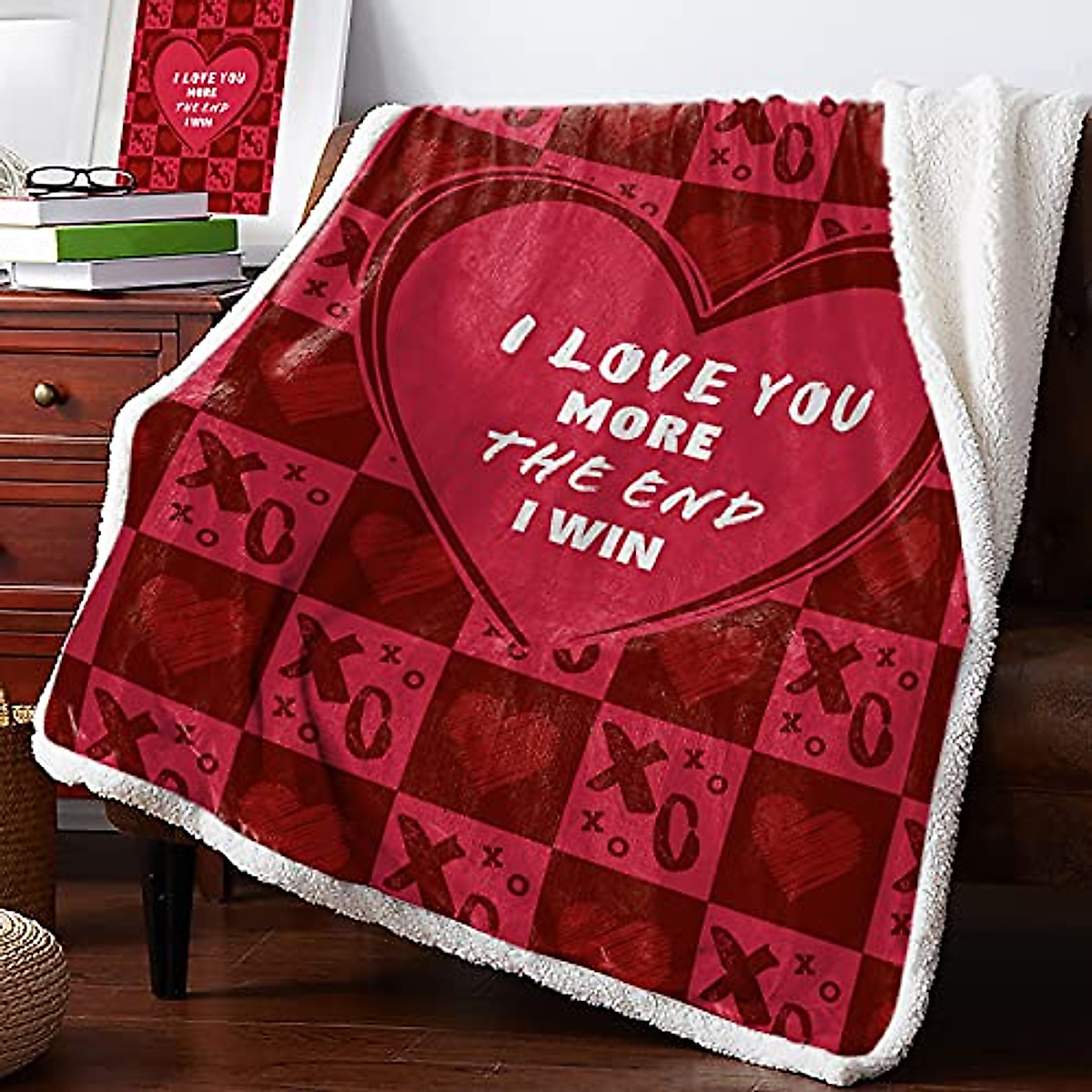 Mother's Day Sherpa Flannel Throw Blankets Burgundy Red Buffalo Plaid,I Love You Thick Reversible Plush Fleece Blanket for Bed Couch Sofa Romantic Wedding Comfy Warm Fuzzy TV Blanket 59x79in