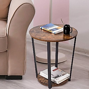 GOOD & GRACIOUS Round End Side Table with Storage Shelf for Living Room Sofa Couch End Tables with Sturdy Metal Frame Bedside Accent Table with Metal Frame for Small Spaces, Bedroom, Brown