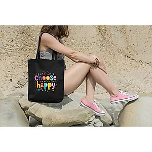 CurryFerry Cute Canvas Tote Bag for Women - Teacher Tote Bag - Inspirational Gifts for Teacher - Black Tote Bag - Reusable Shopping Bags for Grocery Utility Teacher College Work (Choose Happy)