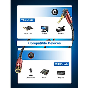 SOUNDFAM 3.5mm to XLR Premium Microphone Cable 6FT, 90 Degree Right Angle 3.5mm(TRS,1/8 Inch,Aux) Male to XLR Female Unbalanced Interconnection Cable for Microphone, Sound Card, Camcorder & More