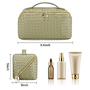 SOIDRAM Large Capacity Travel Cosmetic Bag Makeup Bag Leather Makeup Bag Organizer Women Portable Toiletry Bag Flat Lay Everything Cosmetic Bag Green