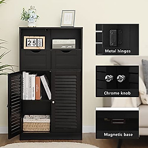 WEENFON Bathroom Cabinet, Storage Cabinet with 2 Drawers & 2 Shutter Doors, Free Standing Floor Cabinet with Adjustable Shelf, for Living Room, Hallway, Home Office, Black