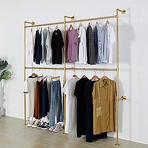 ZGZR Industrial Pipe Clothes Rack Metal Clothing Store Display Stands Wall Mounted Garment Rack, Heavy Duty Hanging Rod for Closet Storage, 89.8in Gold