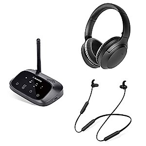 Avantree HT5006 & Aria - Wireless Headphones Earbuds for TV Watching w/Bypass Bluetooth Transmitter & Bluetooth 5.0 Active Noise Cancelling Headphones with No Audio Delay with theTransmitter