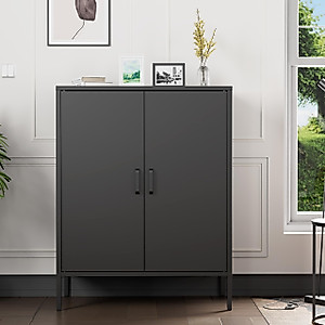 Ustamio Storage Cabinet - Modern Accent Buffet Cabinet with Half Mesh Doors and Adjustable Shelves, Large Capacity Metal Sideboard Storage Cabinet for Living Room, Kitchen, Entryway (White)