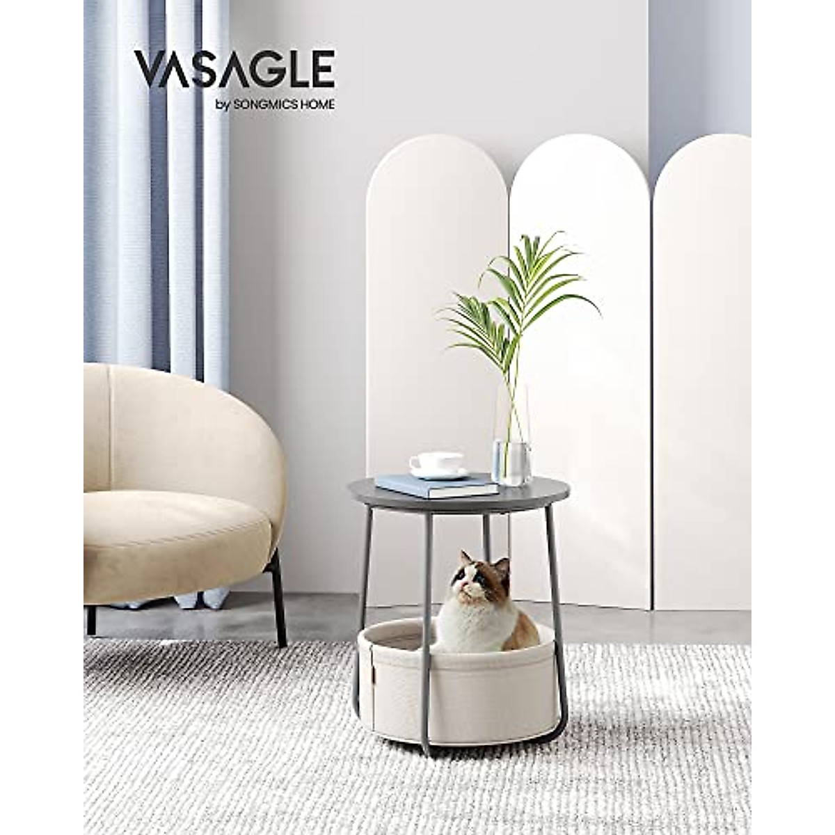 VASAGLE Small Round Side End Table, Modern Nightstand with Fabric Basket, Dove Gray, Classic White