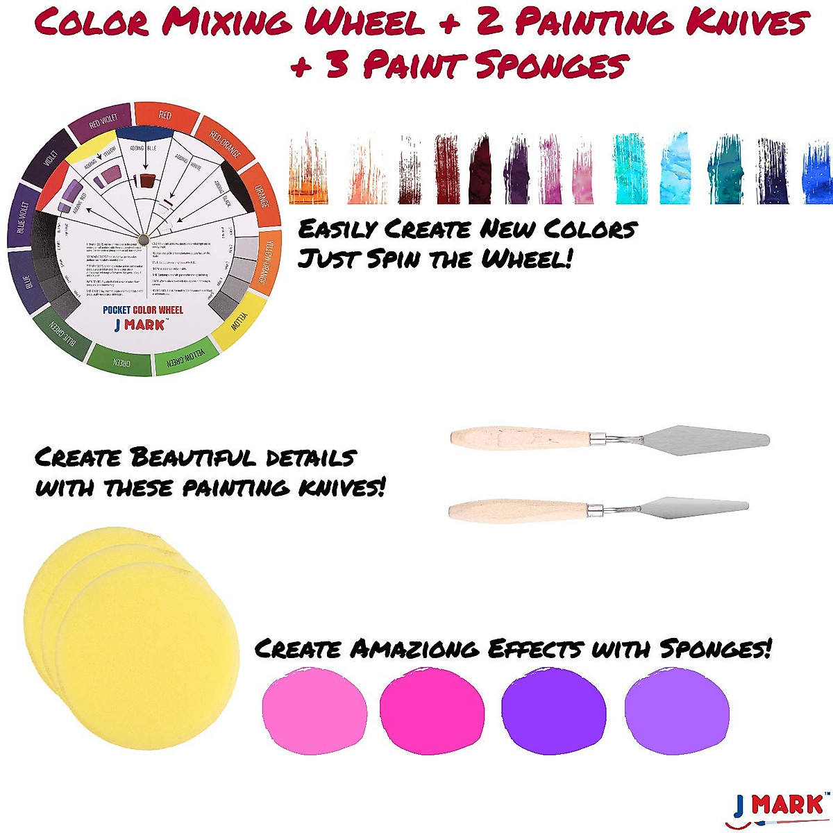 J MARK 48pc Deluxe Painting Kits for Adults - Includes Adjustable Wood Easel, Thick Canvases, Acrylic Paints, Brushes Set,Wooden and Plastic Palettes, 2 Painting Knives, 3 Sponges, Color Mixing Wheel