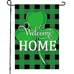 Saint Patricks Shamrock Day Garden Flag 12 x 18 Green Shamrock Holiday Outside Buffalo Plaid Flag Saint Patty Day Decorative Vertical Double Sided Burlap Welcome Signs Outdoor Plaid Spring Flag