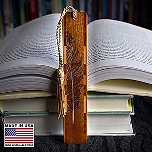 Engraved Feather Wooden Bookmark with Tassel - Also Available with Personalization - Made in The USA