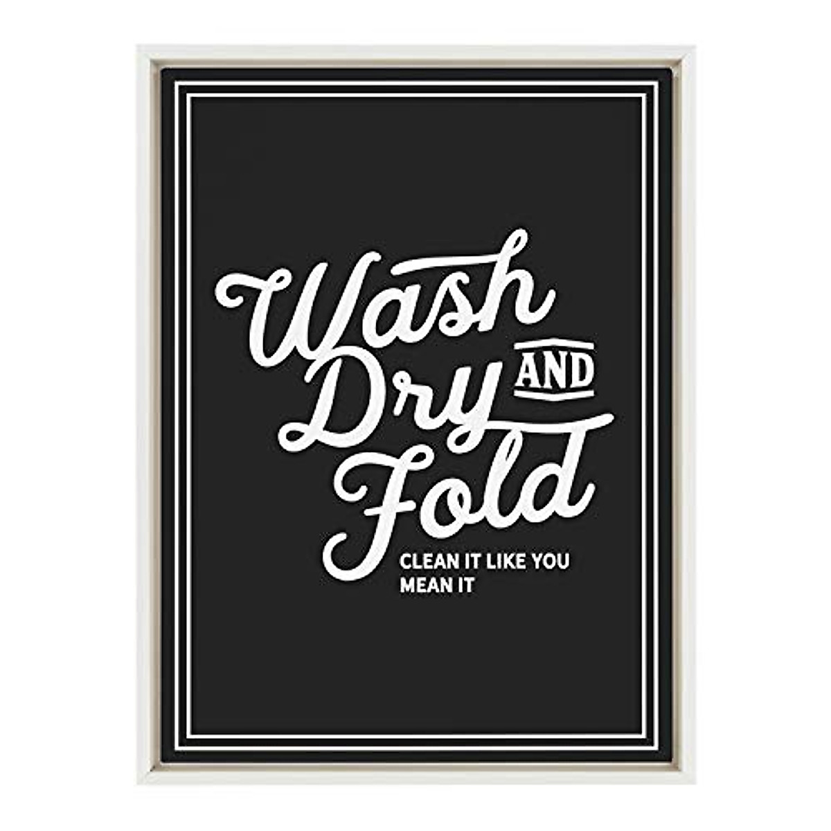 Kate and Laurel Sylvie Wash Dry and Fold Framed Canvas Wall Art by Maggie Price of Hunt and Gather Goods, 18x24 White, Retro Laundry Sign for Wall