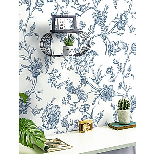 Safiyya Peel and Stick Wallpaper Floral Birds Contact Paper Blue White Wallpaper Peel and Stick Removable Wallpaper Boho Wallpaper Flower Contact Paper for Walls Vinyl Rolls 118"x17.3"
