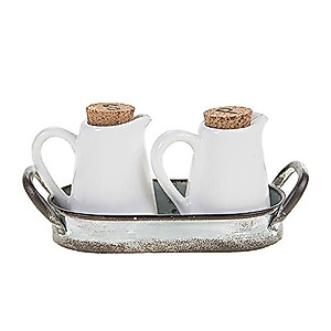 Mud Pie Farmhouse Inspired Ceramic Aluminum Salt and Pepper Caddy Set, One size, White