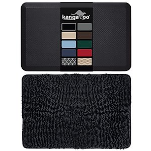 Kangaroo Anti Fatigue Cushion Mat and Chenille Bath Rug, Antifatigue Mat Size 24x17, Foam Pad Relieves Pressure, Bath Rug Size 36x24, Machine Washable, Both in Black, 2 Item Bundle